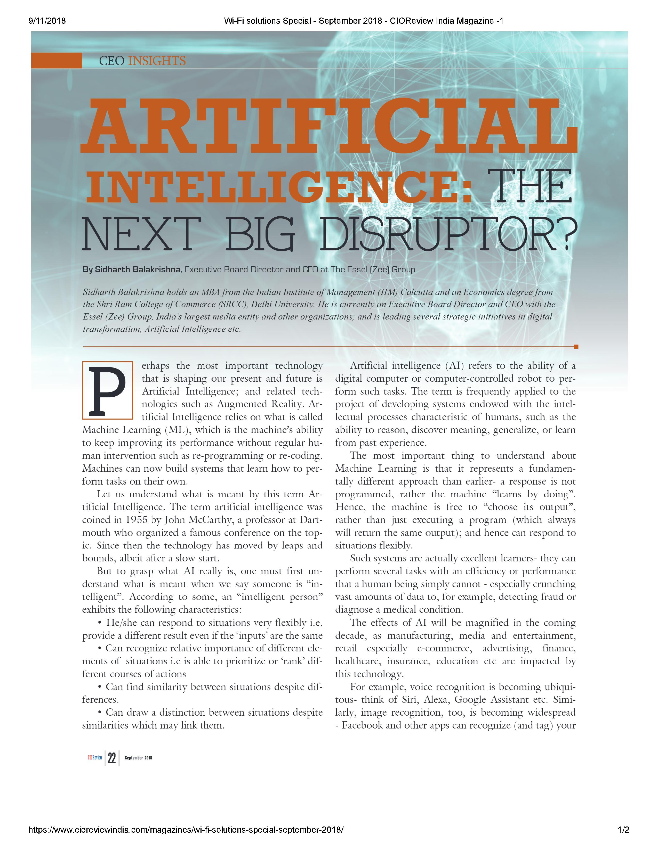 Artificial Intelligence: The Next Big Disruptor?
